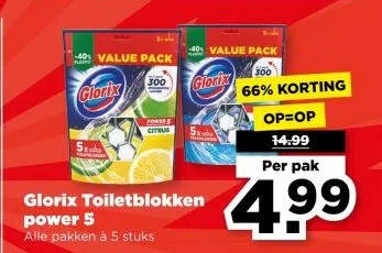 Glorix Toiletblokken power 5 aanbieding bij PLUS