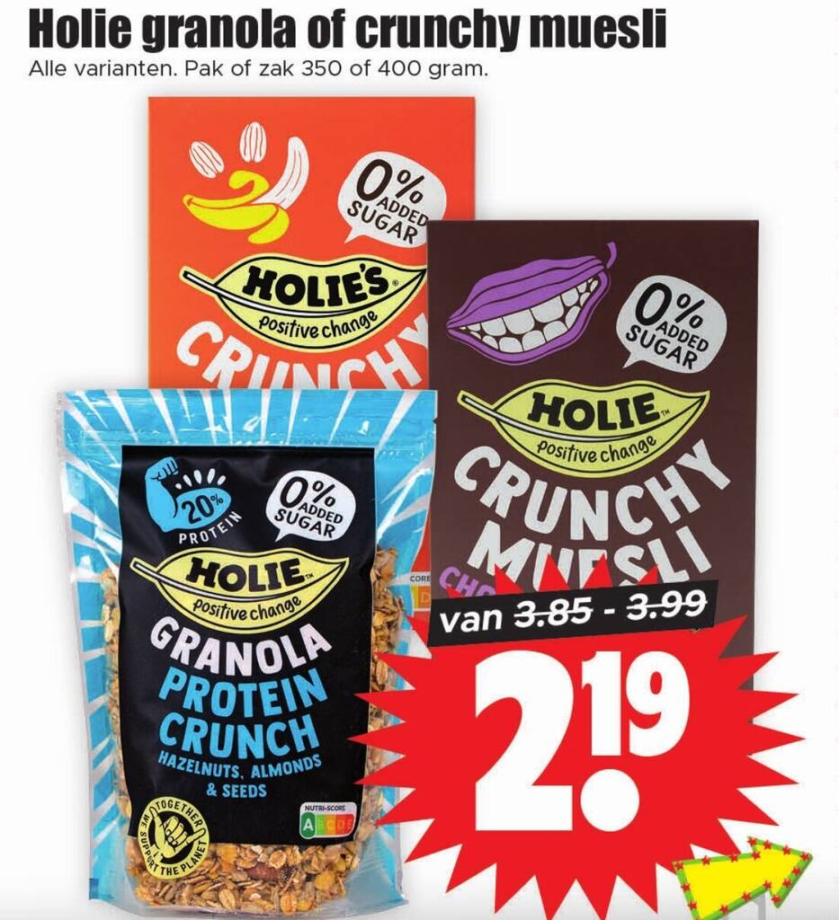 Holie granola of crunchy muesli 400 gram aanbieding bij Dirk