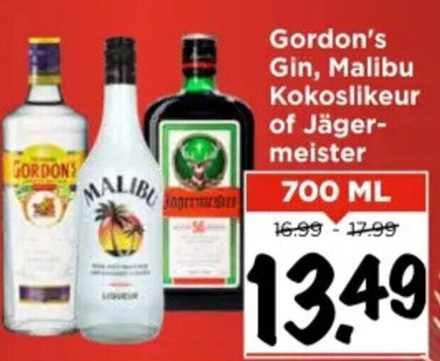 Gordon's Gin, Malibu Kokoslikeur of Jägermeister 700 ml aanbieding bij ...