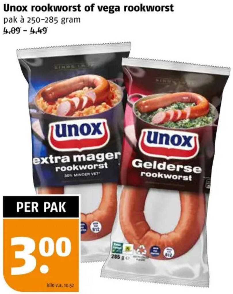 Unox rookworst of vega rookworst 250-285 g aanbieding bij Poiesz