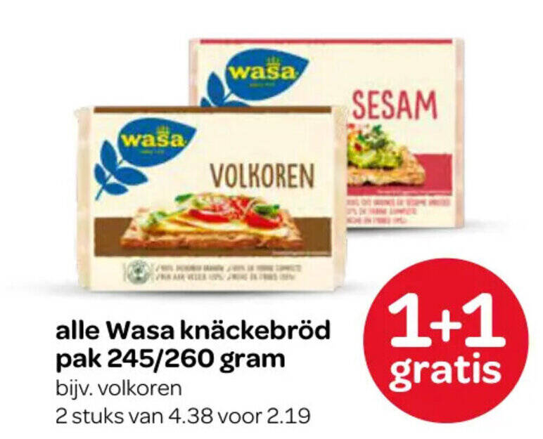 Wasa knäckebröd 245/260 gram 1+1 gratis aanbieding bij Spar