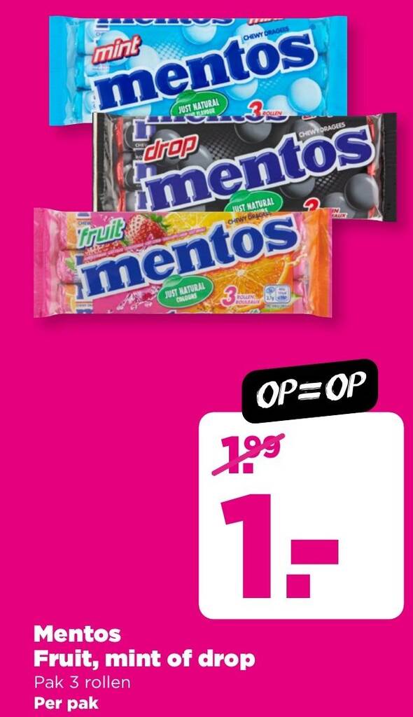 Mentos fruit mint of drop 3 rollen aanbieding bij PLUS