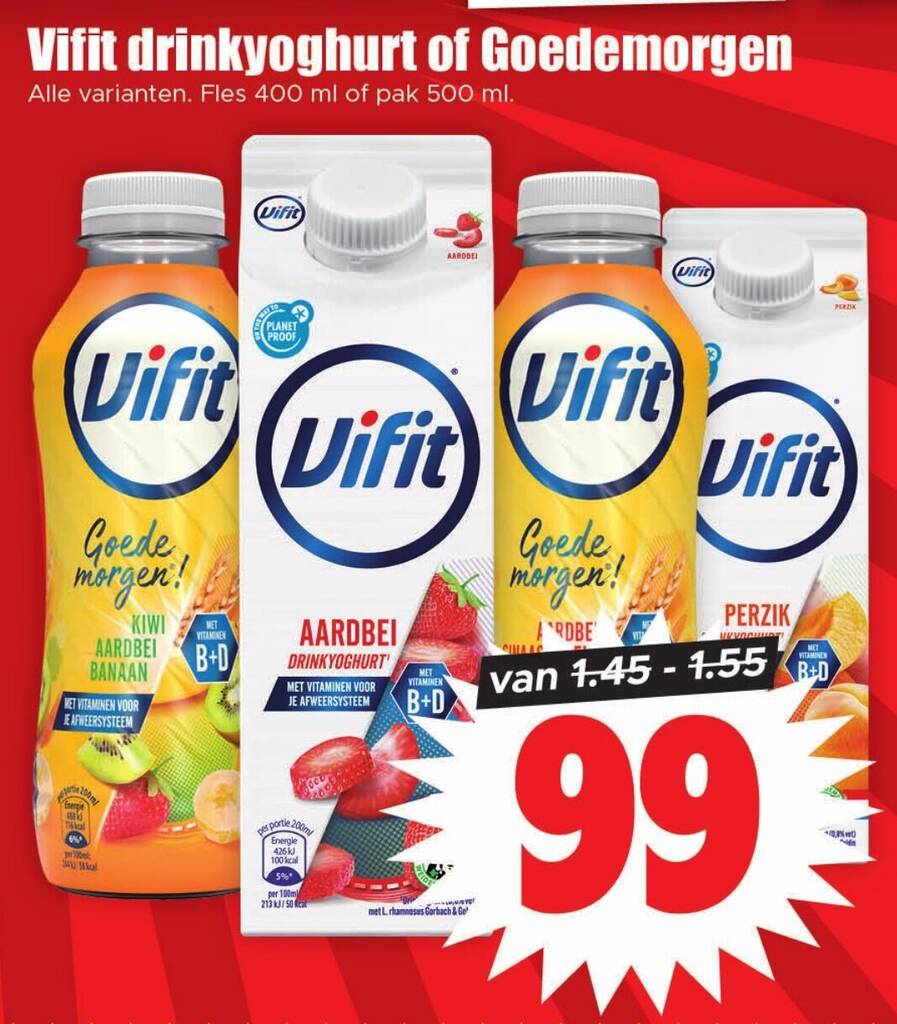 Vifit drinkyoghurt of Goedemorgen 500ml aanbieding bij Dirk