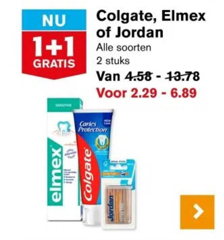 Colgate, Elmex of Jordan 1+1 GRATIS aanbieding bij Hoogvliet