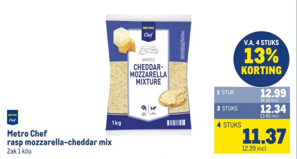 Metro Chef rasp mozzarella-cheddar mix 1 kg aanbieding bij Makro € 11,37