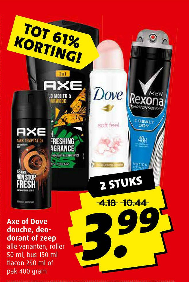 Axe of Dove douche, deo- dorant of zeep aanbieding bij Boni