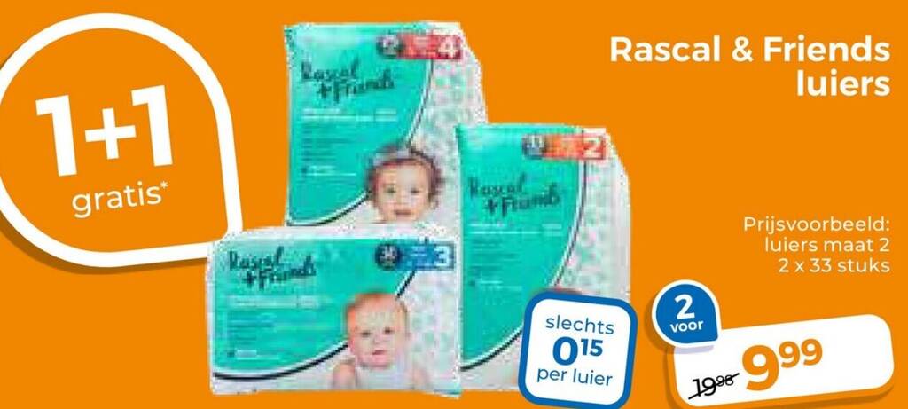 Rascal & Friends luiers 1+1 gratis aanbieding bij Trekpleister