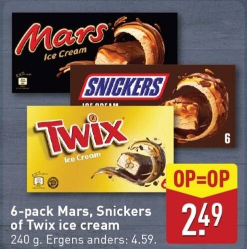 6-pack Mars, Snickers of Twix ice cream 240 g aanbieding bij ALDI