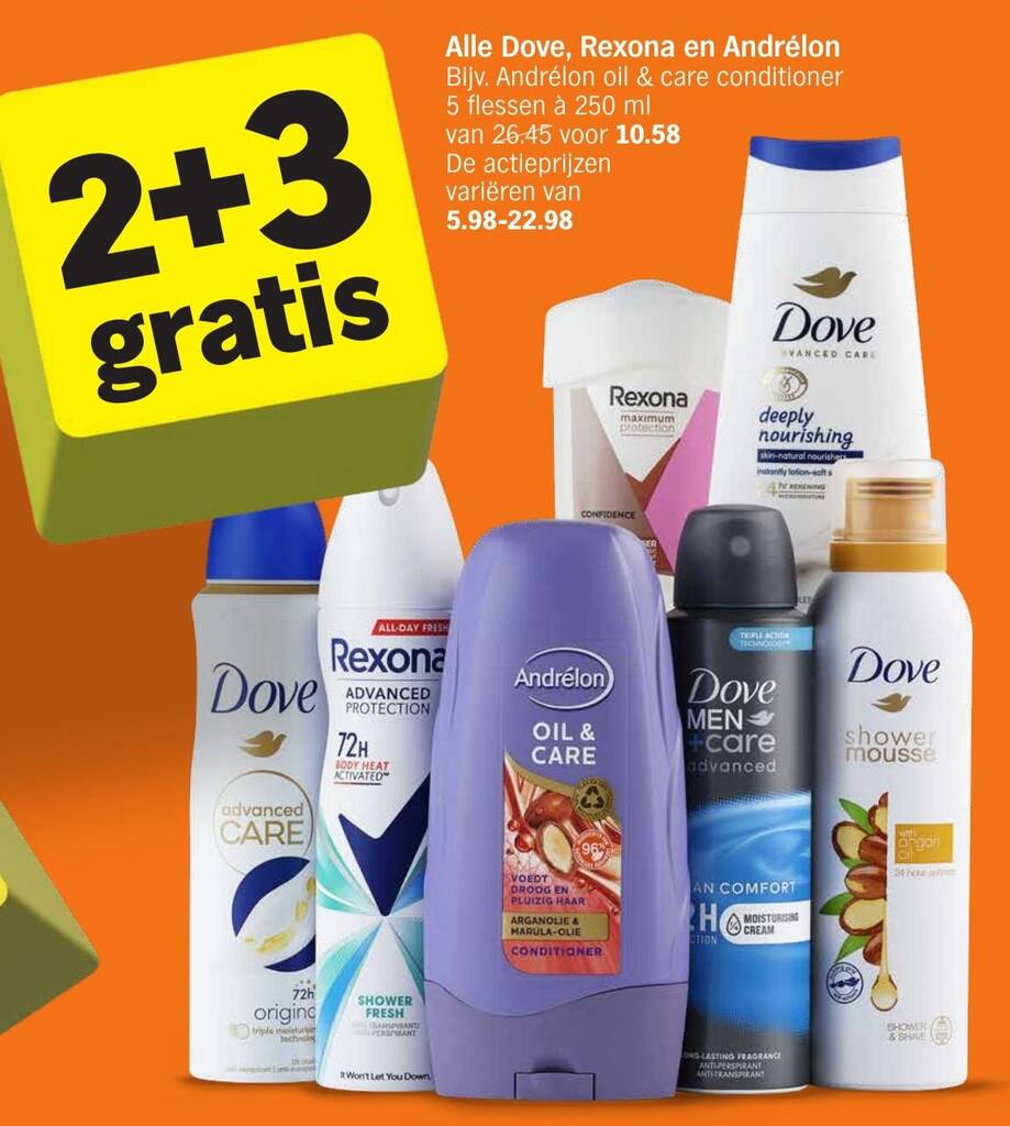 Alle Dove, Rexona en Andrélon 250 ml 2+3 gratis aanbieding bij Albert Heijn