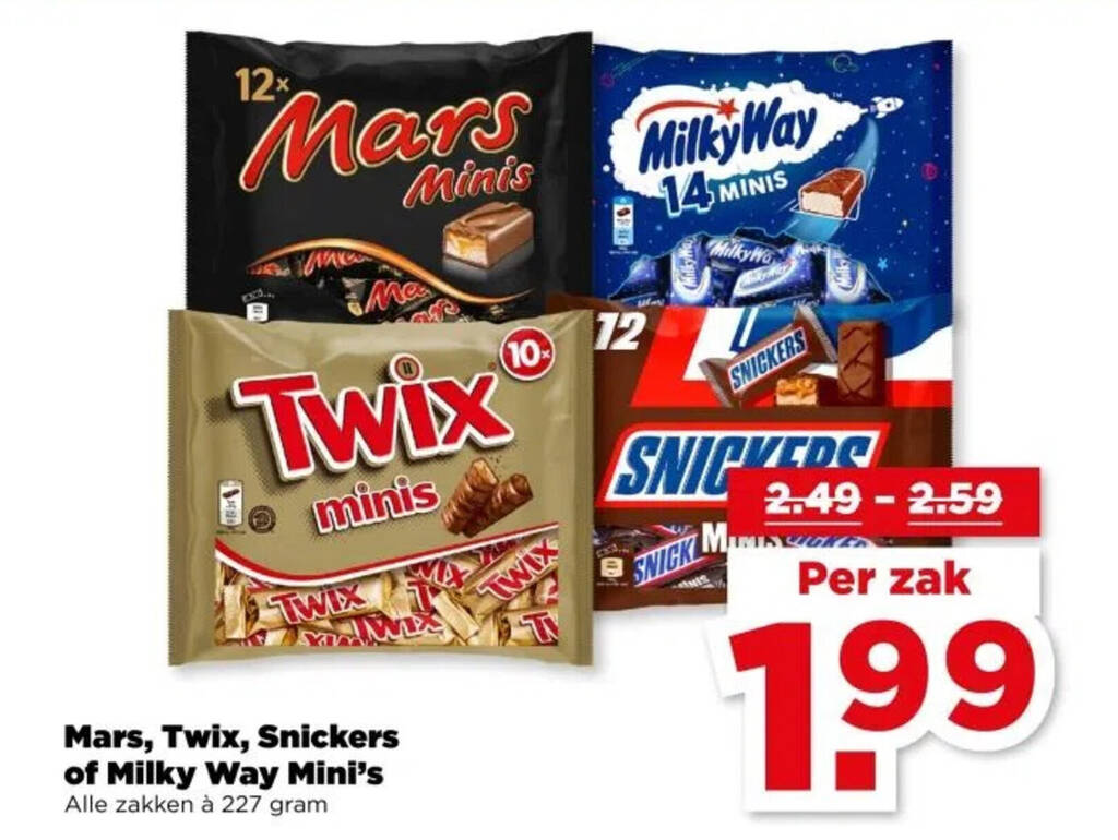Mars, Twix, Snickers of Milky Way Mini's 227 gram aanbieding bij PLUS