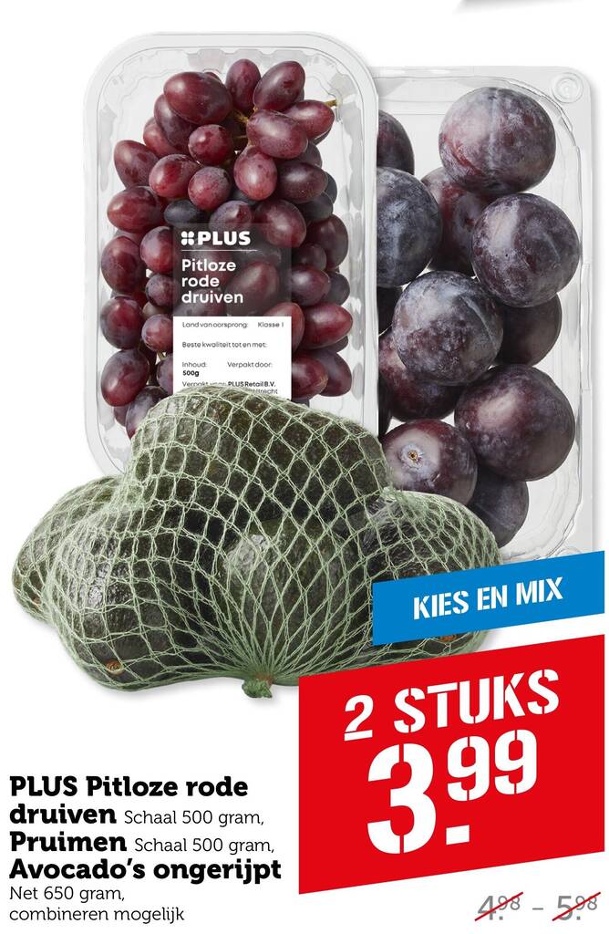 PLUS Pitloze rode druiven, Pruimen, Avocado's ongerijpt 500 - 650 g ...