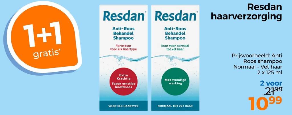 Resdan haarverzorging 2 x 125 ml 1+1 gratis aanbieding bij Trekpleister