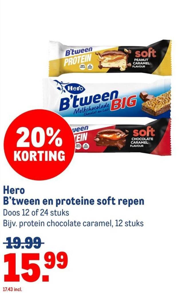 Hero B'tween en proteine soft repen aanbieding bij Makro
