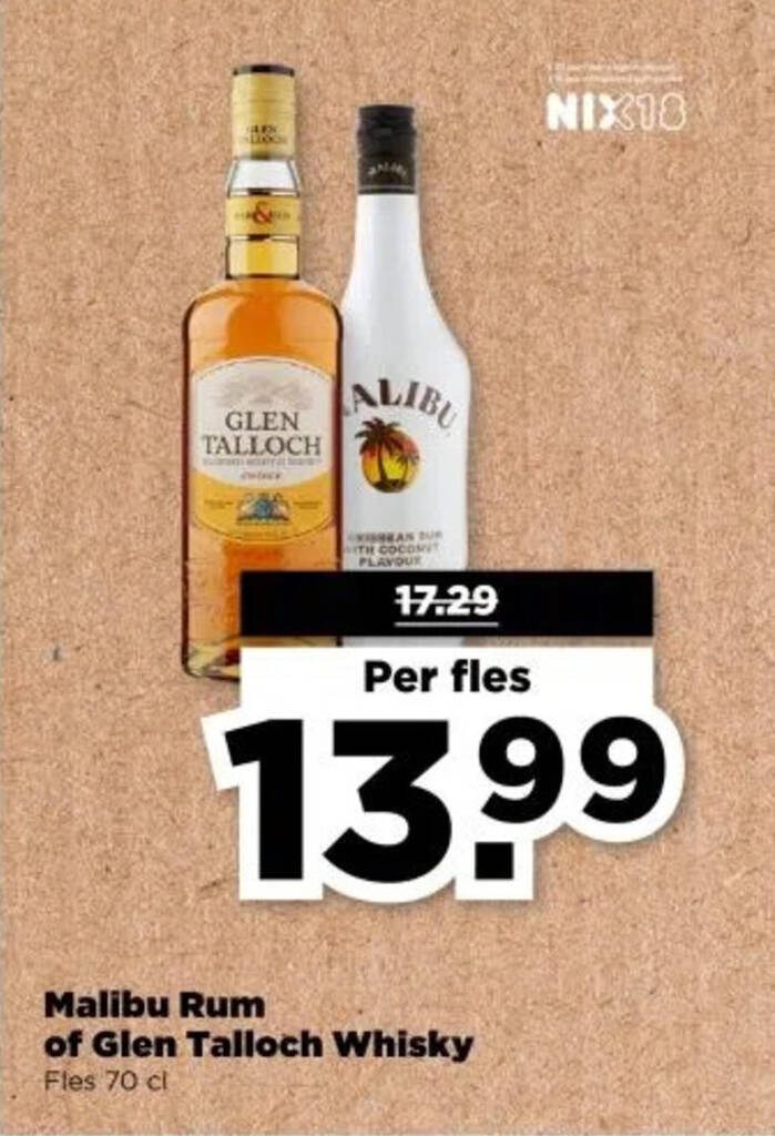 Malibu Rum of Glen Talloch Whisky 70 cl aanbieding bij PLUS