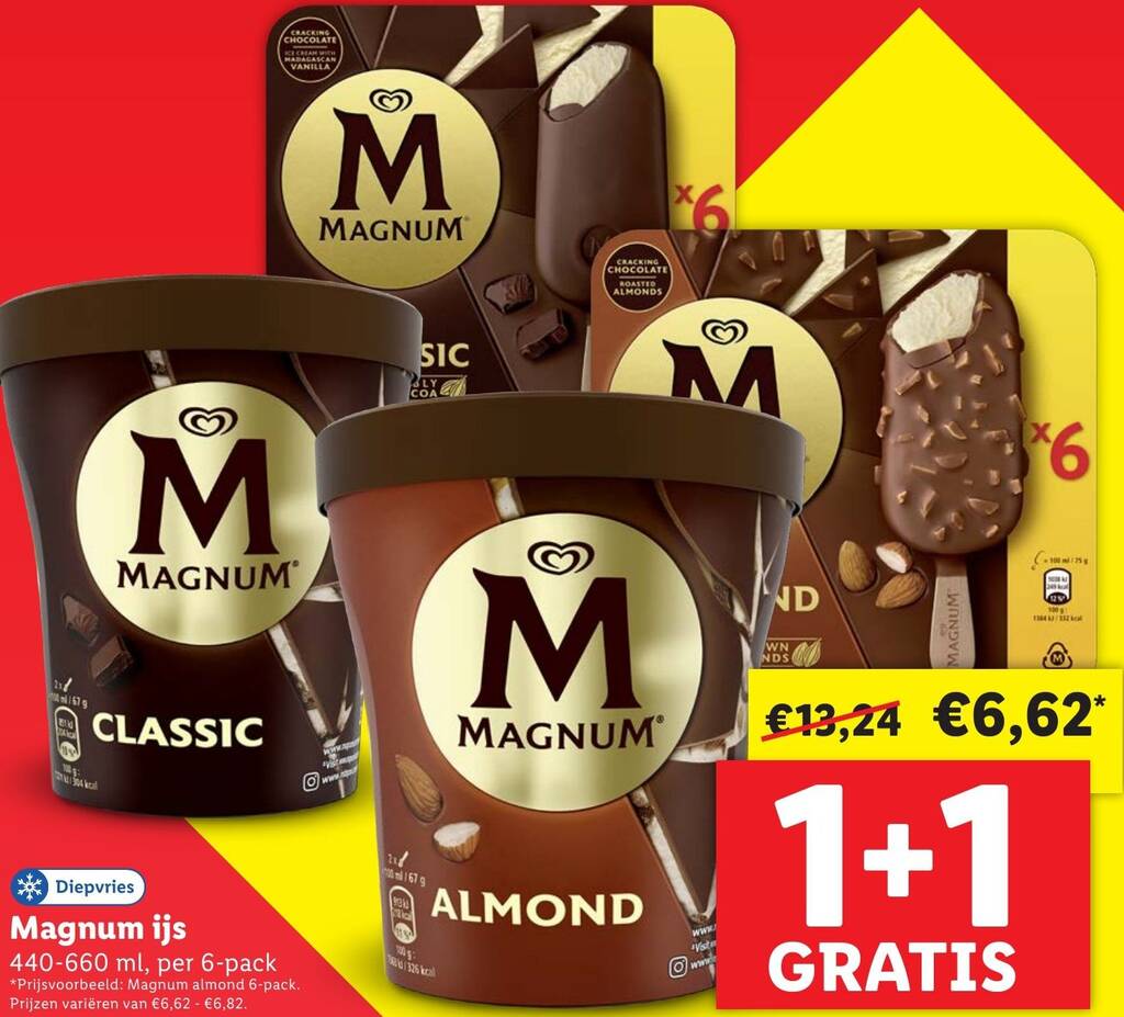 Magnum ijs 440 - 660 ml 1+1 gratis aanbieding bij Lidl