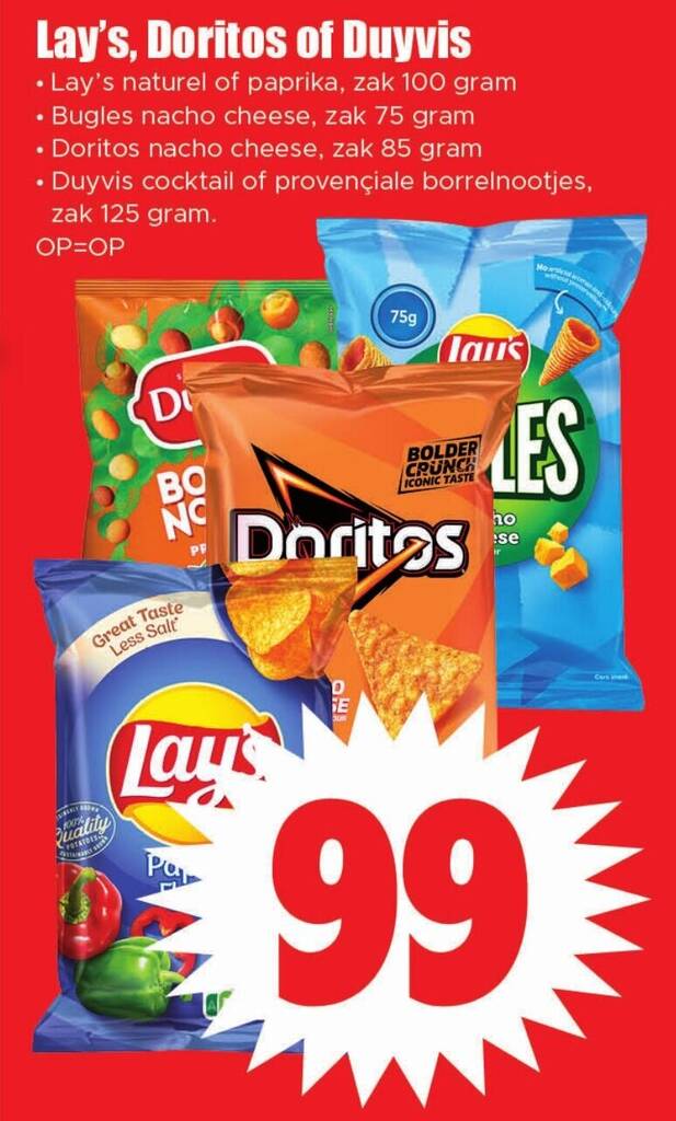 Lay's, Doritos of Duyvis 75 - 125 g aanbieding bij Dirk