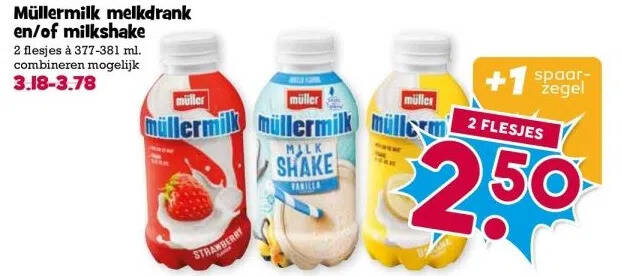 Müllermilk melkdrank en/of milkshake aanbieding bij Boon`s Markt