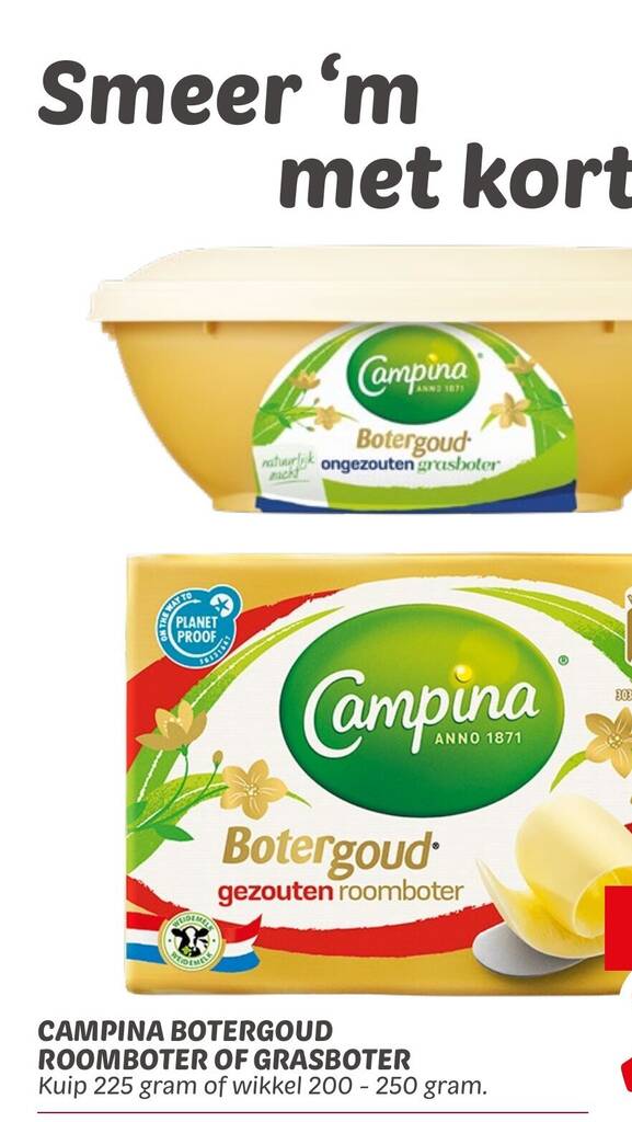 Campina botergoud roomboter of grasboter 200 - 250 g aanbieding bij ...