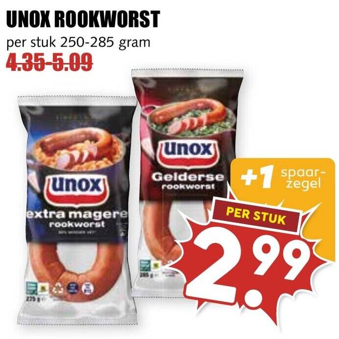 Unox rookworst 250-285 gram aanbieding bij De Boerenschuur