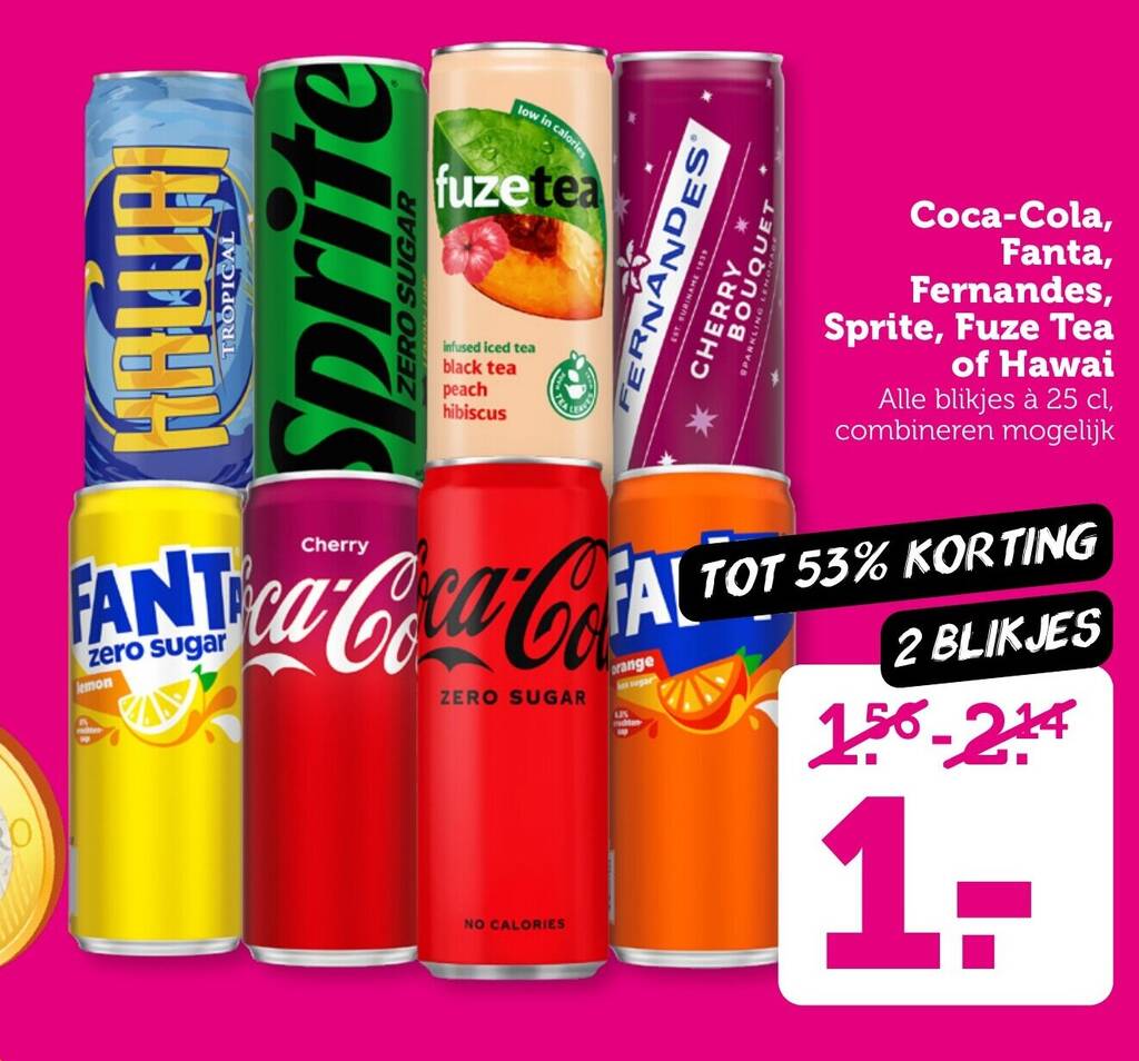 Coca-Cola, Fanta, Fernandes, Sprite, Fuze Tea of Hawai 25 cl aanbieding ...