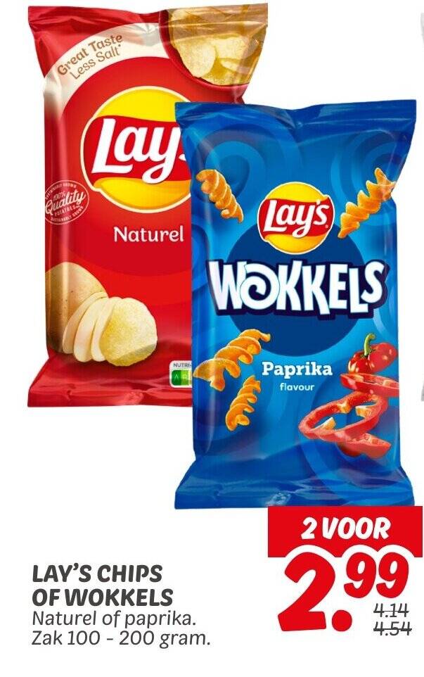Lay's chips of wokkels 100-200 g aanbieding bij Dekamarkt
