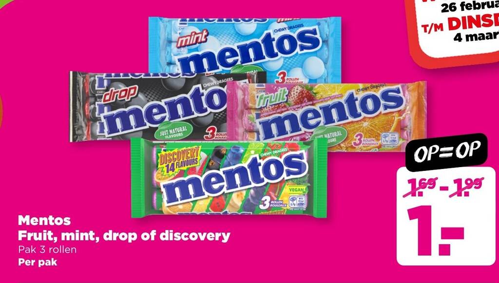 Mentos Fruit, mint, drop of discovery aanbieding bij PLUS