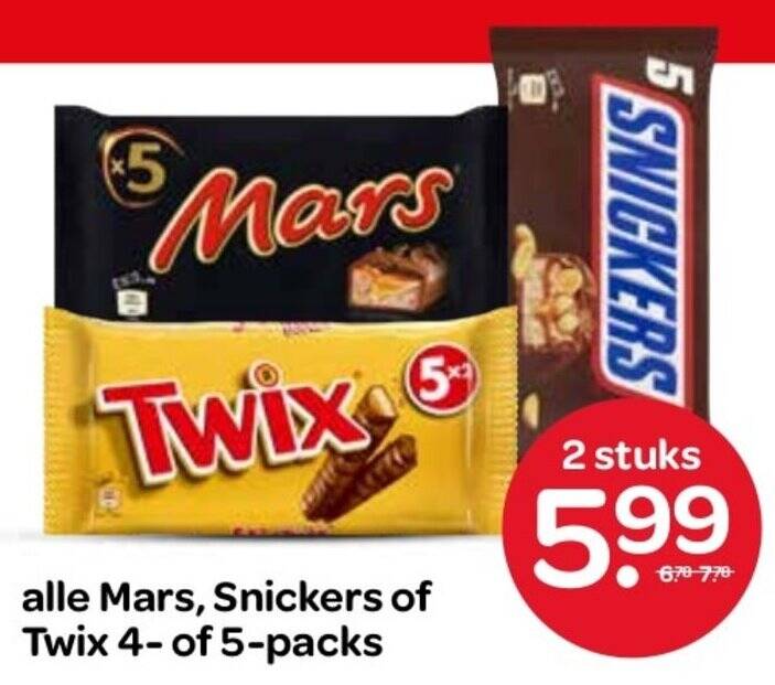 Alle Mars, Snickers of Twix 4 of 5 packs aanbieding bij Spar