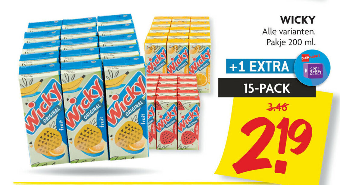 Wicky 15-pack 200ml aanbieding bij Dekamarkt
