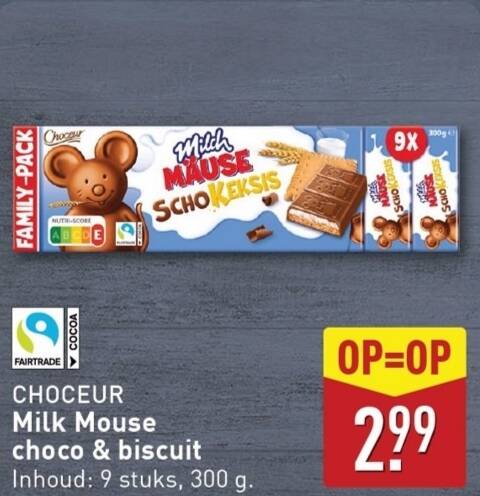Choceur milk mouse choco & biscuit 300 gram aanbieding bij ALDI