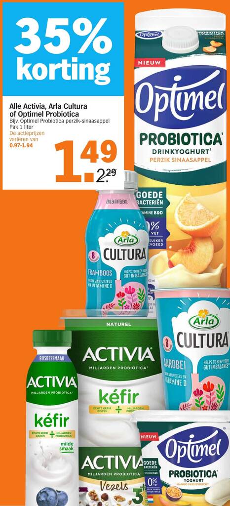 Alle Activia, Arla Cultura of Optimel Probiotica 1 L aanbieding bij Albert Heijn