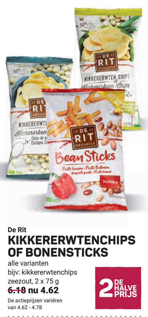 De rit kikkererwtenchips of bonensticks 2 x 75 gram aanbieding bij Ekoplaza