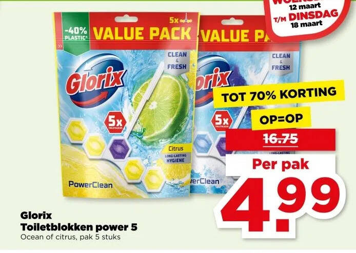 Glorix Toiletblokken power 5 aanbieding bij PLUS Geldig t/m 18-03-2025