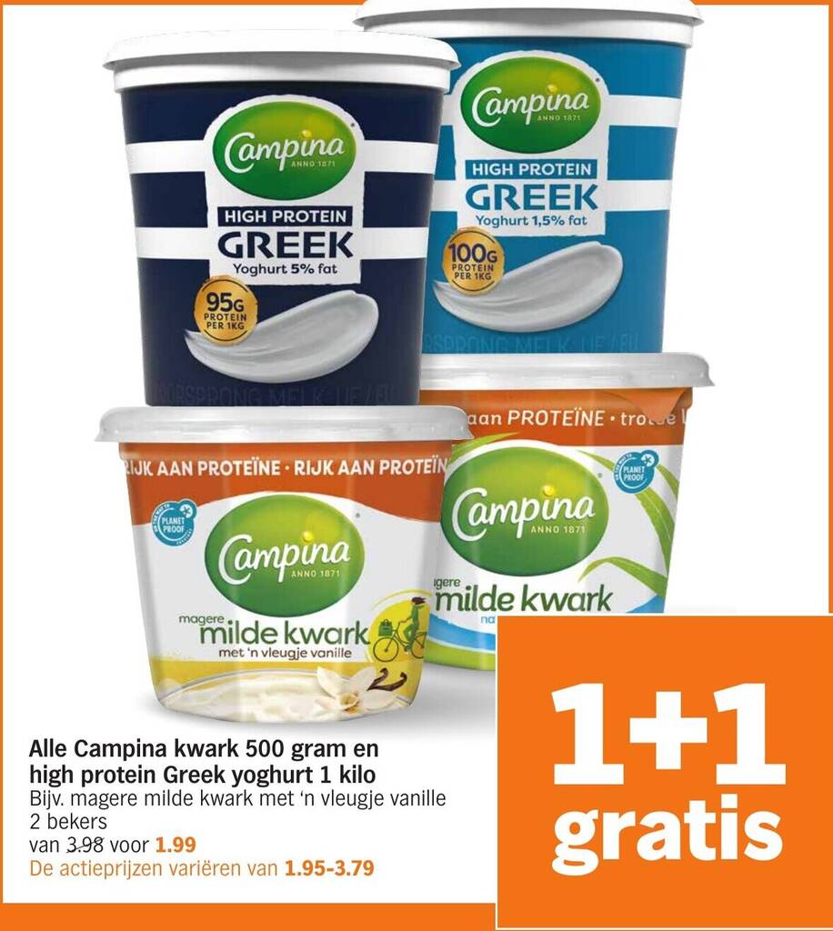 Alle Campina kwark en high protein Greek yoghurt 1+1 gratis aanbieding ...
