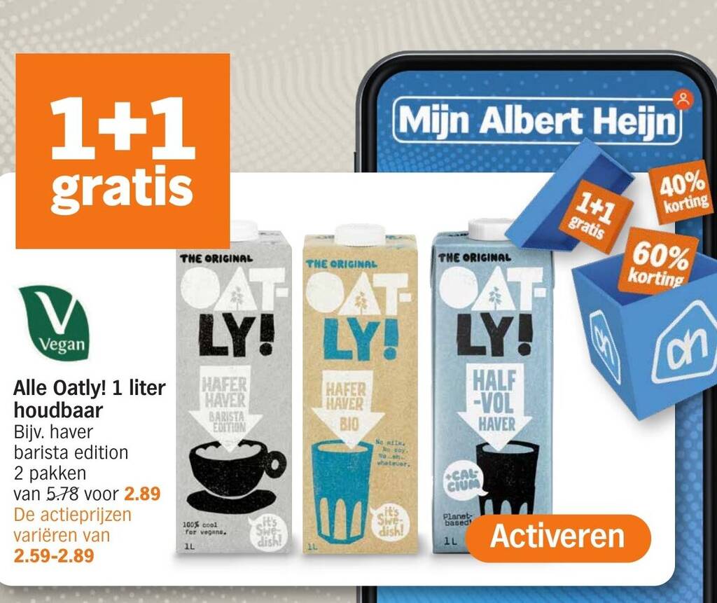 Alle Oatly! houdbaar 1 L 1+1 gratis aanbieding bij Albert Heijn