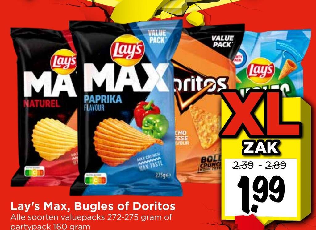 Lay's Max, Bugles of Doritos 160 g aanbieding bij Vomar Voordeelmarkt