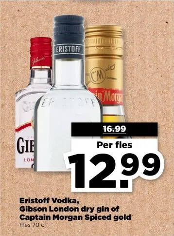 Eristoff Vodka, Gibson London dry gin of Captain Morgan Spiced gold ...