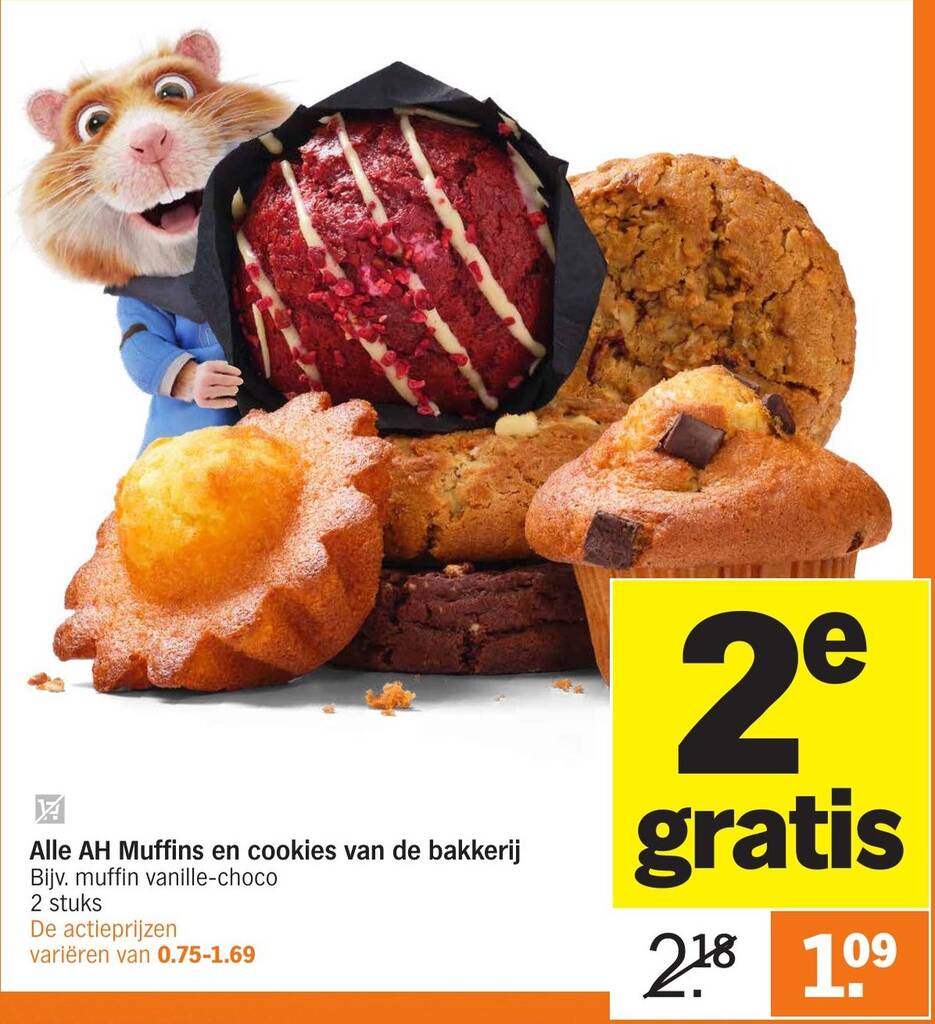 AH Muffins en cookies van de bakkerij 2e gratis aanbieding bij Albert Heijn