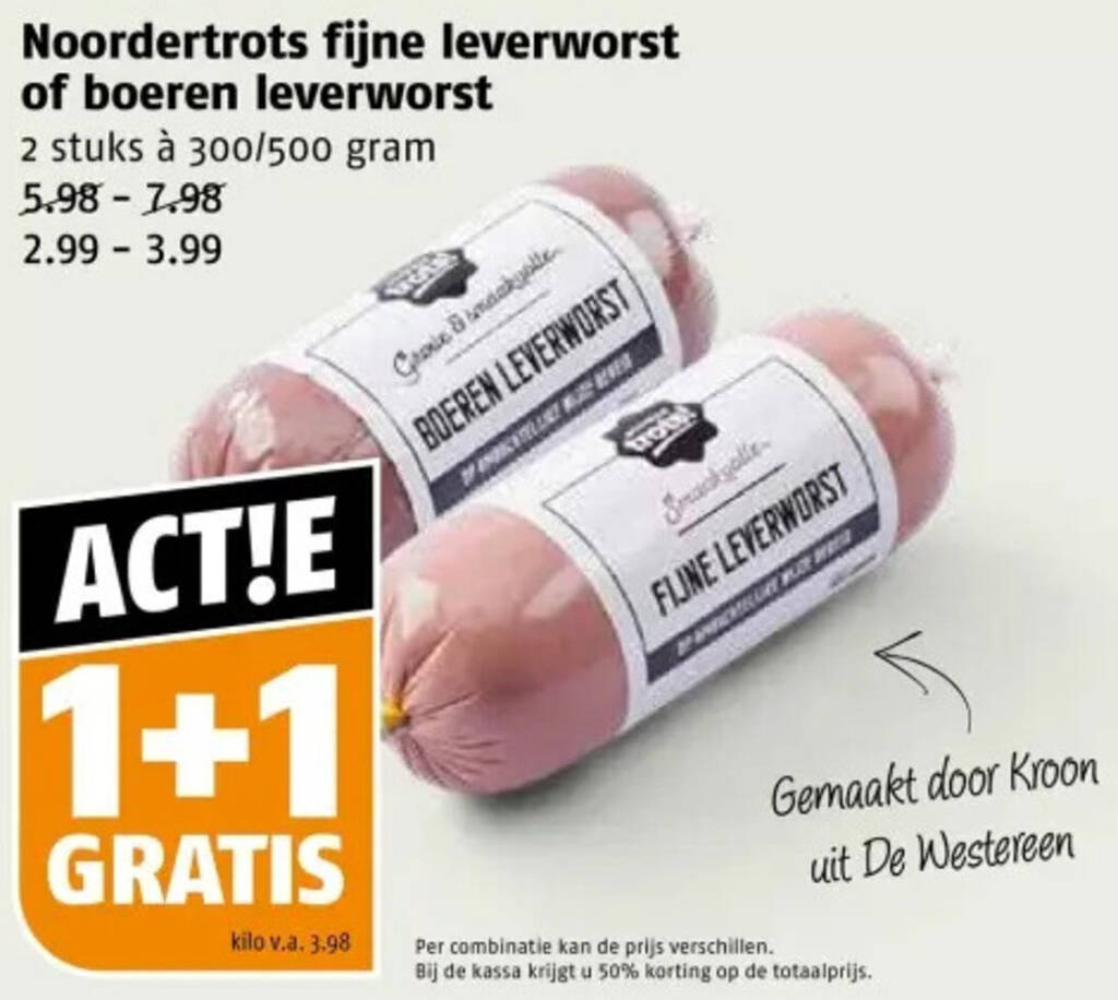Noordertrots fijne leverworst of boeren leverworst 1+1 gratis ...