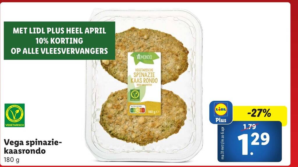 Vega spinazie kaasrondo 180 g aanbieding bij Lidl