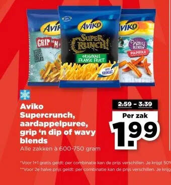 Aviko Supercrunch, aardappelpuree, grip 'n dip of wavy blends ...