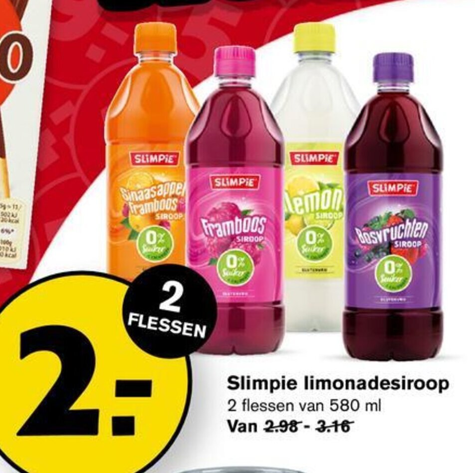 Slimpie limonadesiroop 2*580ml aanbieding bij Hoogvliet
