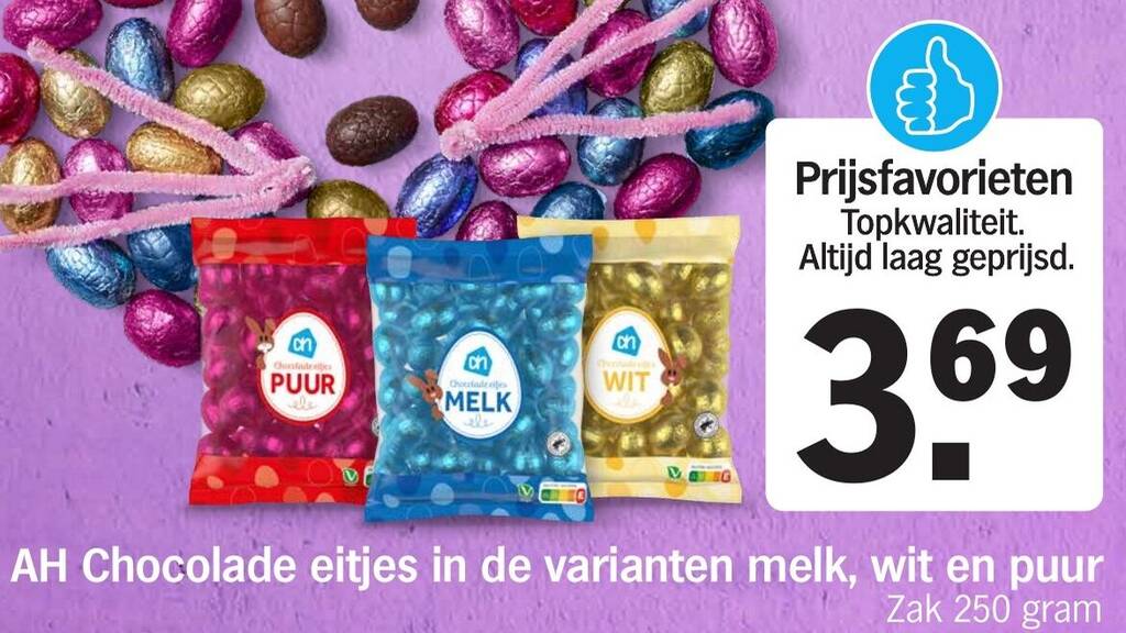 AH Chocolade eitjes in de varianten melk, wit en puur 250 g aanbieding ...