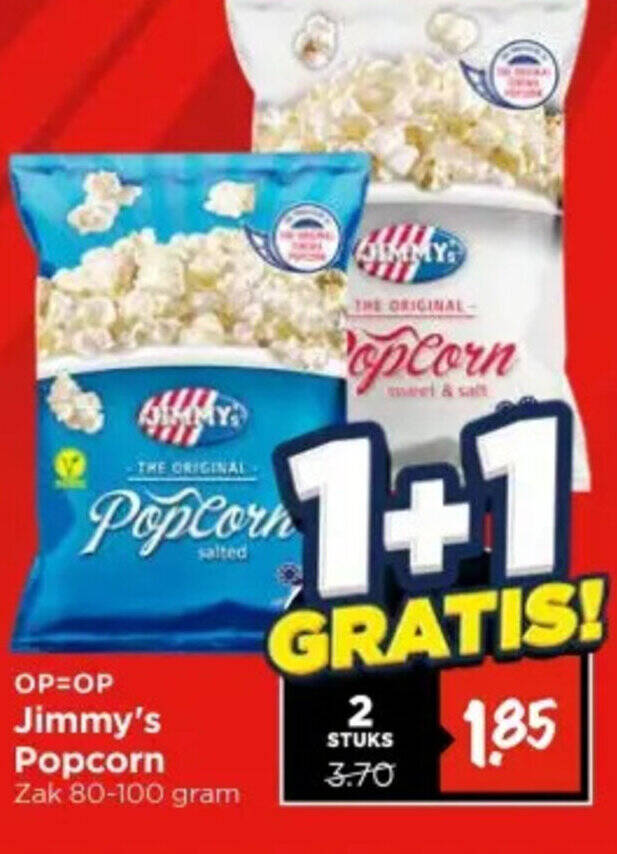 Jimmy's Popcorn 80 - 100 g 1+1 GRATIS! aanbieding bij Vomar Voordeelmarkt