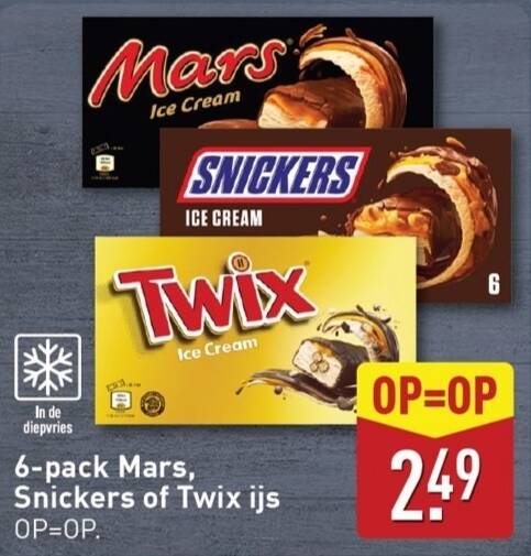 6 pack Mars, Snickers of Twix ijs aanbieding bij ALDI