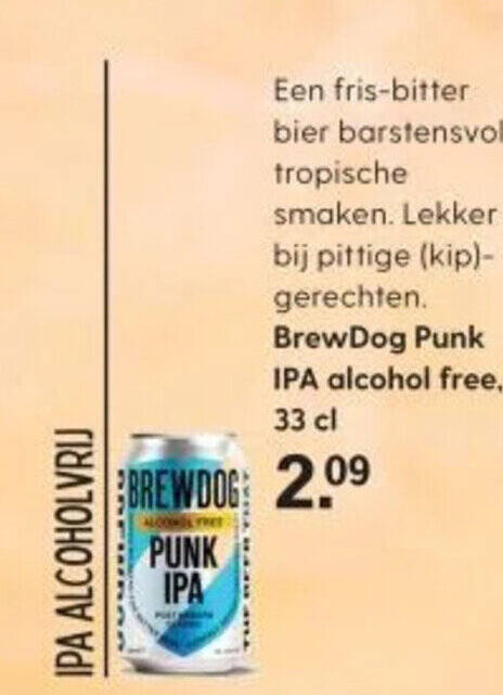 BrewDog Punk IPA alcohol free 33 cl aanbieding bij Albert Heijn € 2,09