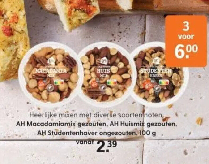 AH Macadamiamix gezouten, AH Huismix gezouten. AH Studentenhaver ...
