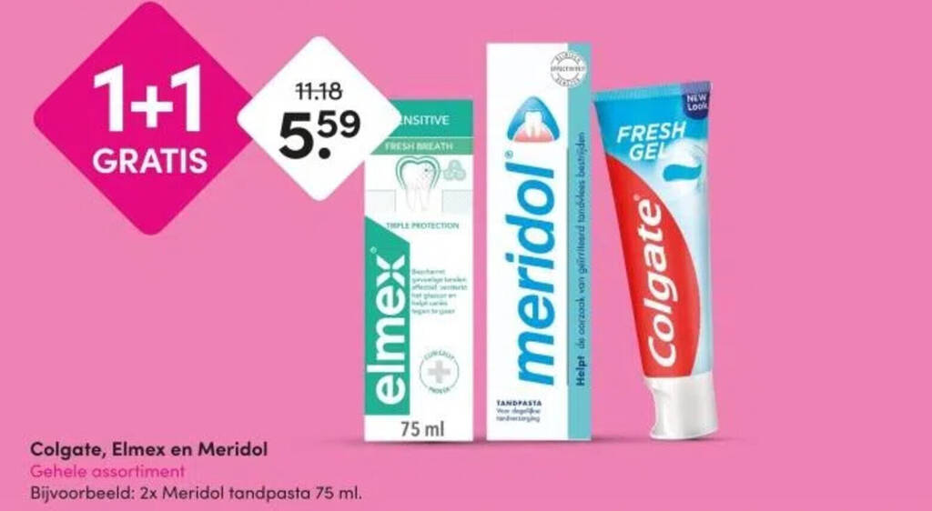 Colgate, Elmex en Meridol 75 ml 1+1 GRATIS aanbieding bij DA