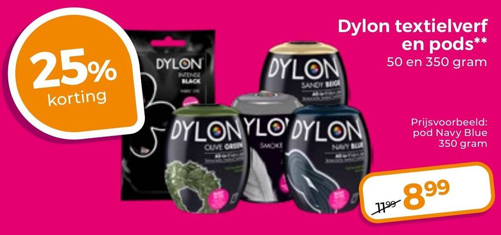 Dylon textielverf en pods 50 en 350 gram aanbieding bij Trekpleister