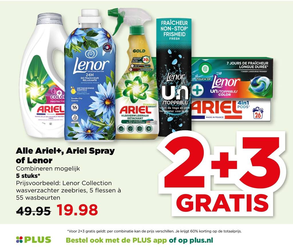Alle Ariel+, Ariel Spray of Lenor 2+3 GRATIS aanbieding bij PLUS