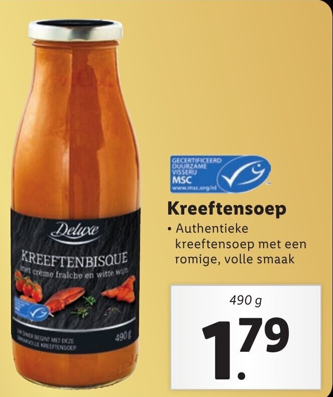 Deluxe Kreeftensoep 490g aanbieding bij Lidl